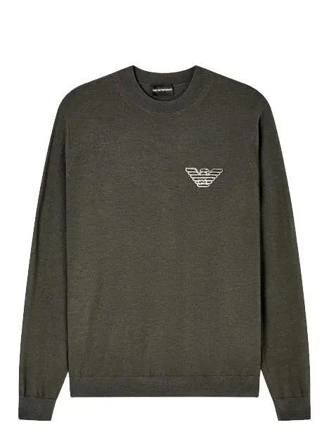 Emporio Armani Plain-knit Virgin Wool Jumper With Eagle Patch - Green