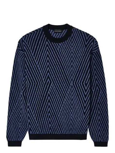 Emporio Armani Virgin Wool-blend Jumper With Op-art Jacquard - Blue