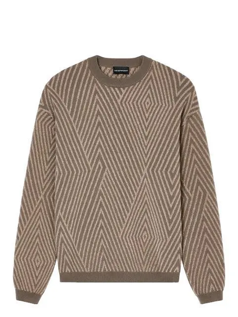Emporio Armani Virgin Wool-blend Jumper With Op-art Jacquard - Natural