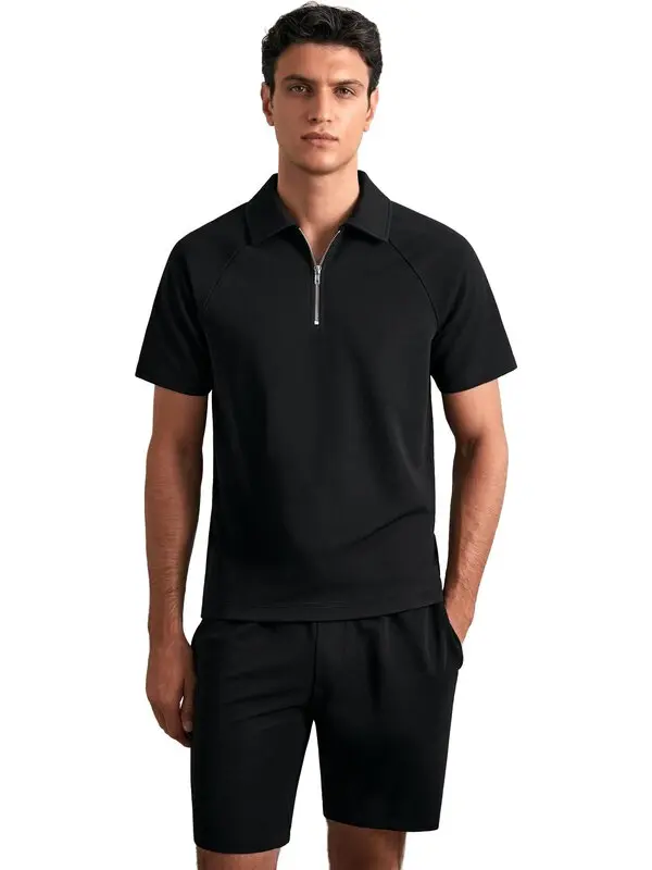 REISS Winston Textured Raglan Half-zip Polo Shirt - Black