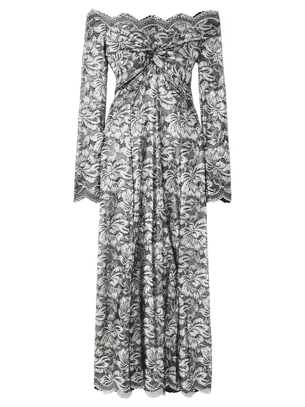 Rabanne Off-the-shoulder Metallic Stretch-lace Midi Dress - Silver