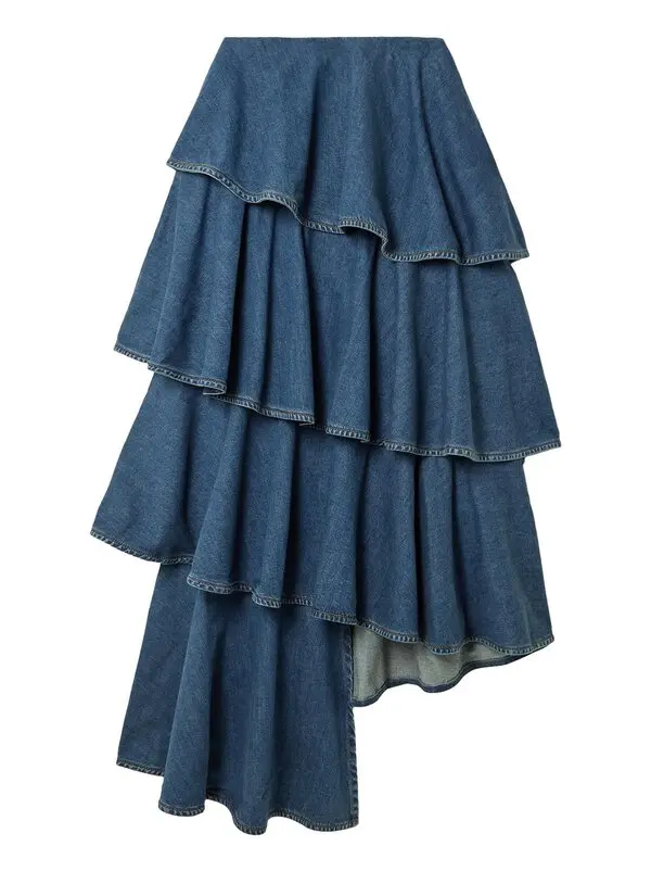 Alaïa Asymmetric Ruffled Tiered Denim Skirt - Blue