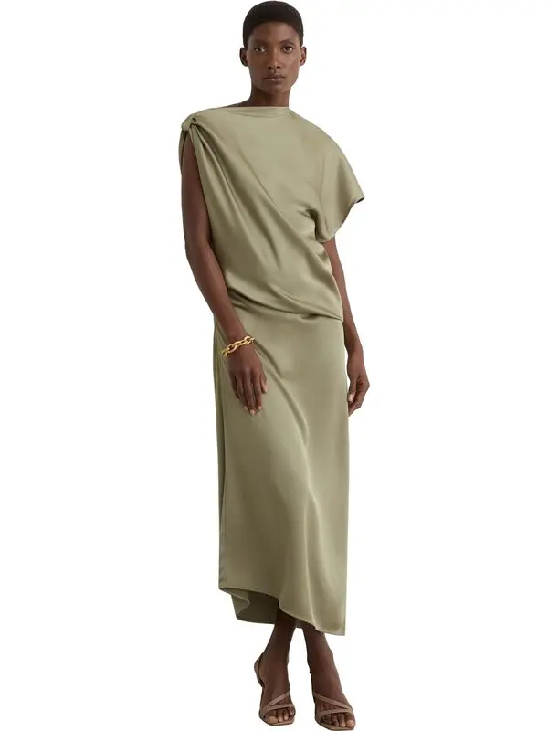 REISS Kenzie Satin Asymmetric Draped Midi Dress - Khaki Green