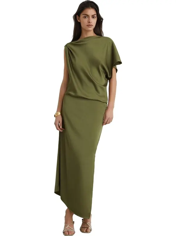 REISS Kenzie Satin Asymmetric Draped Midi Dress - Olive Green