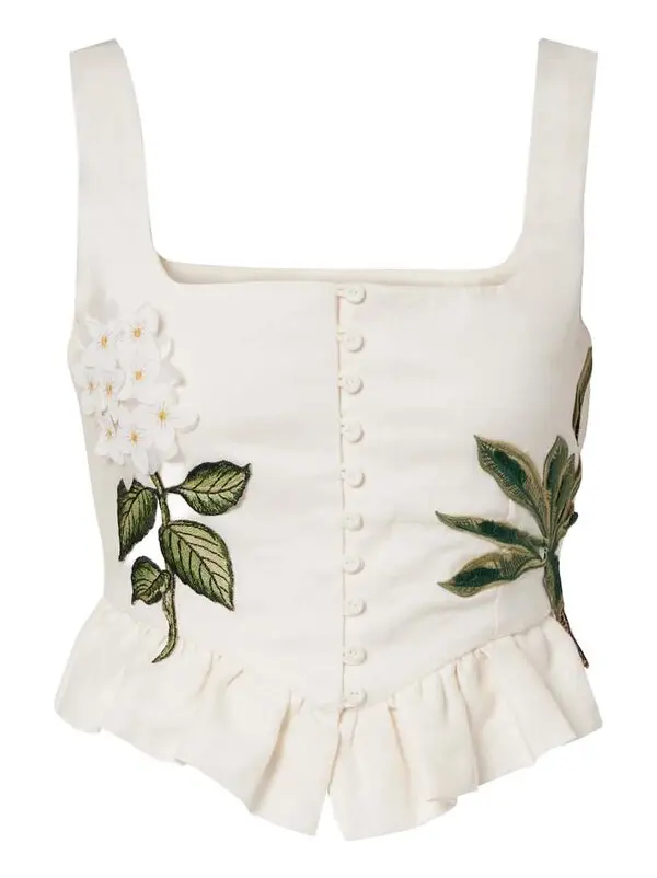 Agua Bendita Eslabón Wild Appliqué Linen Crop Top - White