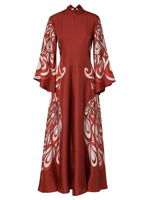 La DoubleJ Magnifico Printed Silk Twill Maxi Dress - Burgundy