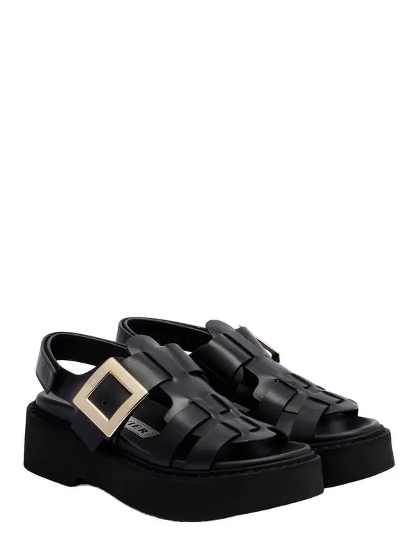 ROGER VIVIER Viv' Rangers Leather Platform Sandals - Black