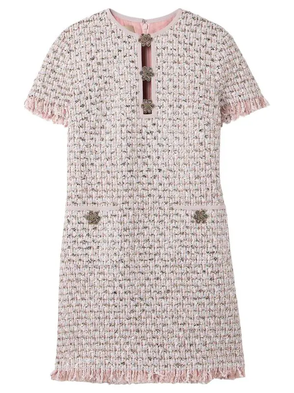 Valentino Garavani Embellished Frayed Metallic Tweed Mini Dress - Pink