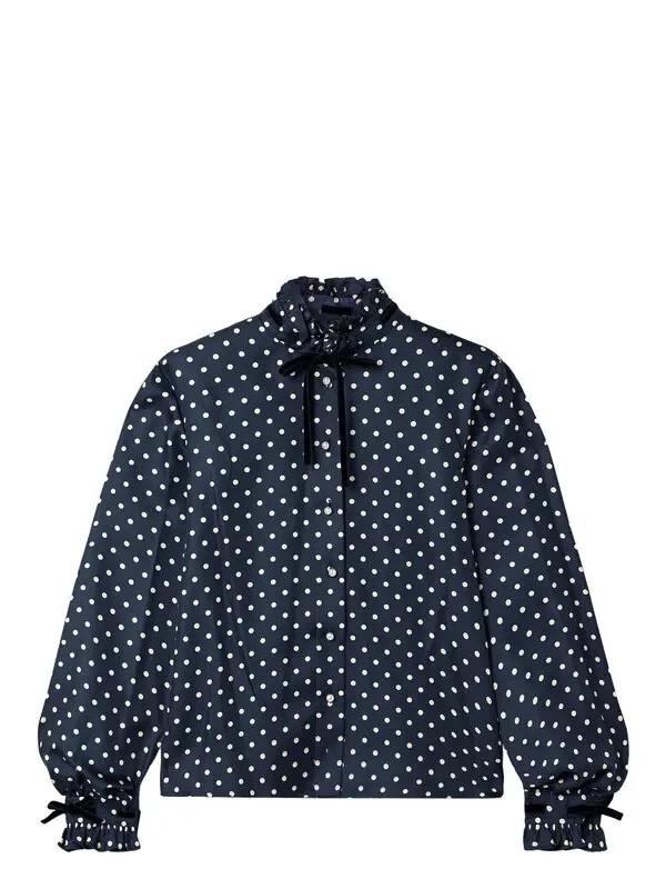 Valentino Garavani Polka-dot Silk-twill Shirt With Velvet Trim - Blue