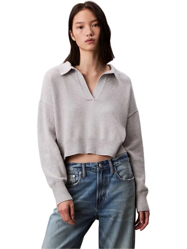 Calvin Klein Smooth Cotton Cropped Polo Sweater - Medium Grey Heather