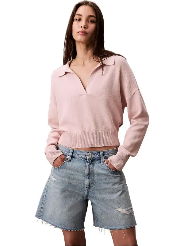 Calvin Klein Smooth Cotton Cropped Polo Sweater - Sepia Rose