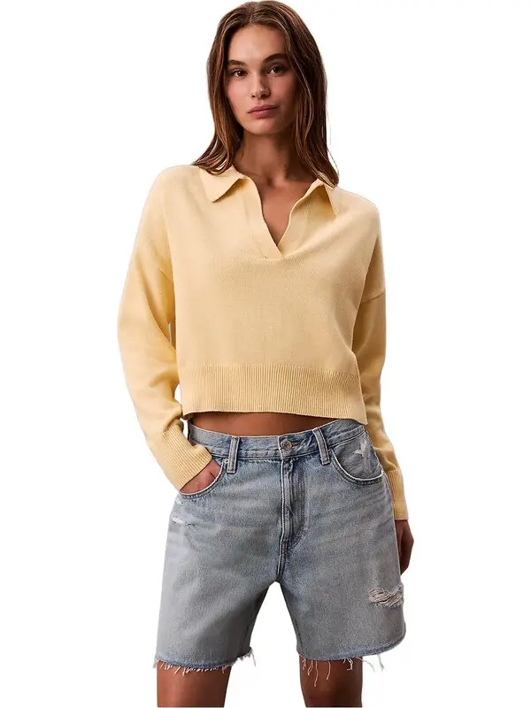 Calvin Klein Smooth Cotton Cropped Polo Sweater - Sunlight