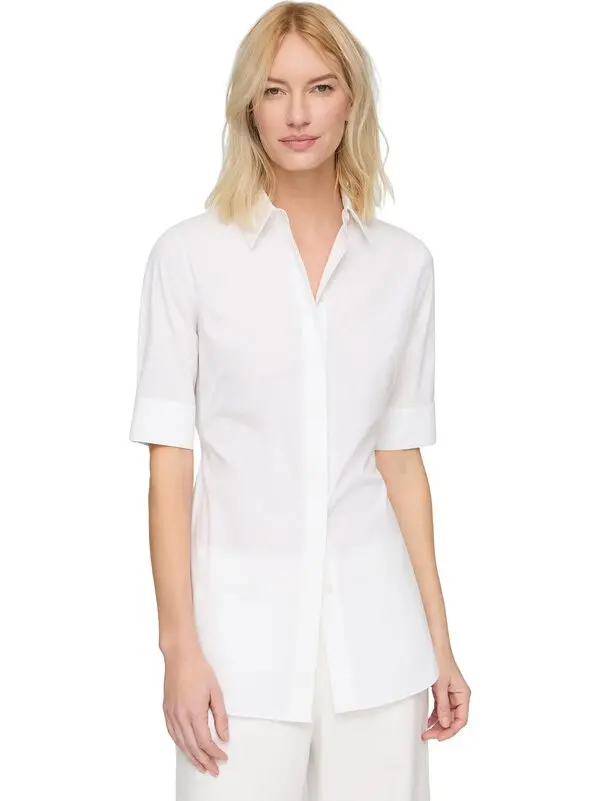 Lafayette 148 New York Stretch Cotton Short Sleeve Shirt - White