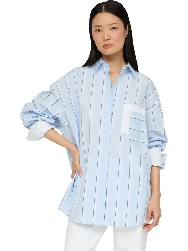 Lafayette 148 New York Striped Cotton Oversized Shirt - Oxford Blue Multi