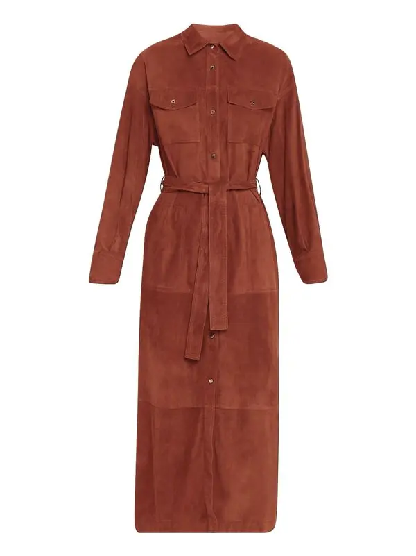 Brunello Cucinelli Suede Belted Midi Shirtdress - C4182 Fired Brick
