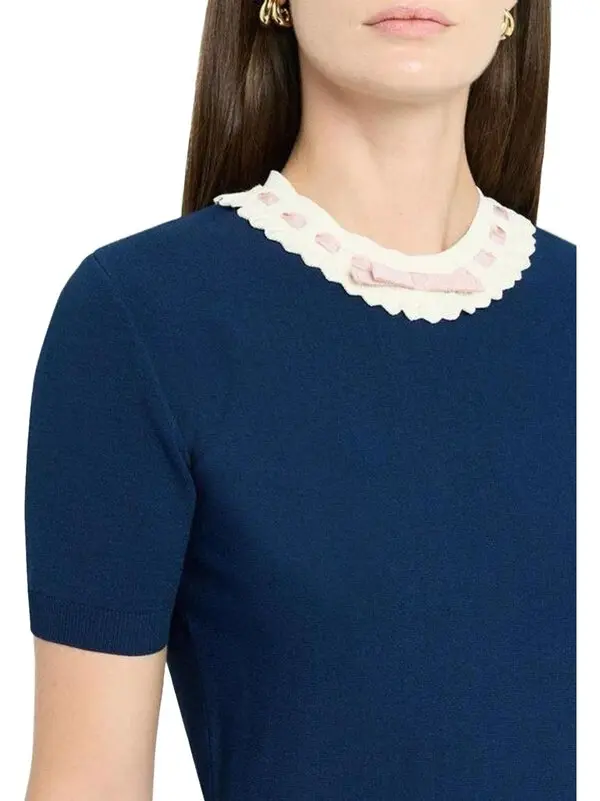Valentino Garavani Ribbon Ruffle-trim Knit Mini Dress - Navy Blue