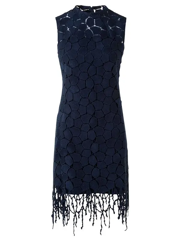 Akris Broken Stone Guipure Sleeveless Fringed Dress - Navy