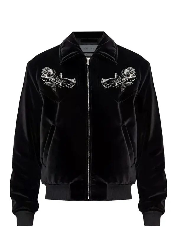 Alexander McQueen Rose-embroidered Velvet Jacket - Black