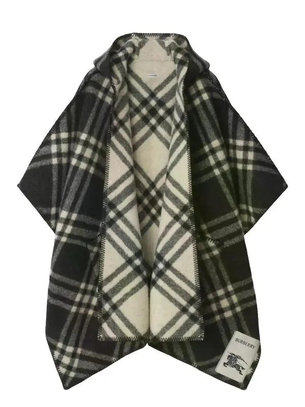 Burberry Hooded Check Wool Cape - Black