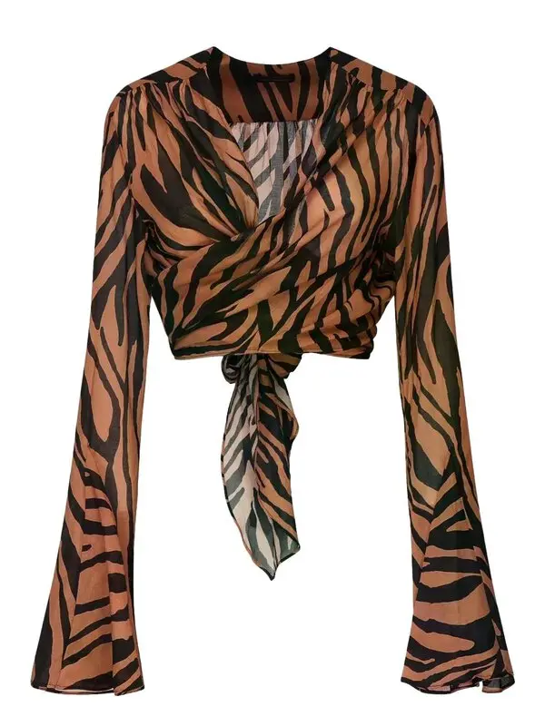 Andamane Zebra-print Tie-front Blouse - Brown