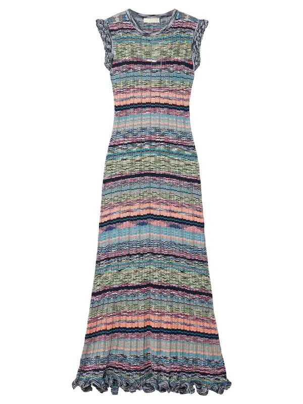 Ulla Johnson Ajak Ruffled Striped Ribbed-knit Midi Dress - Multi