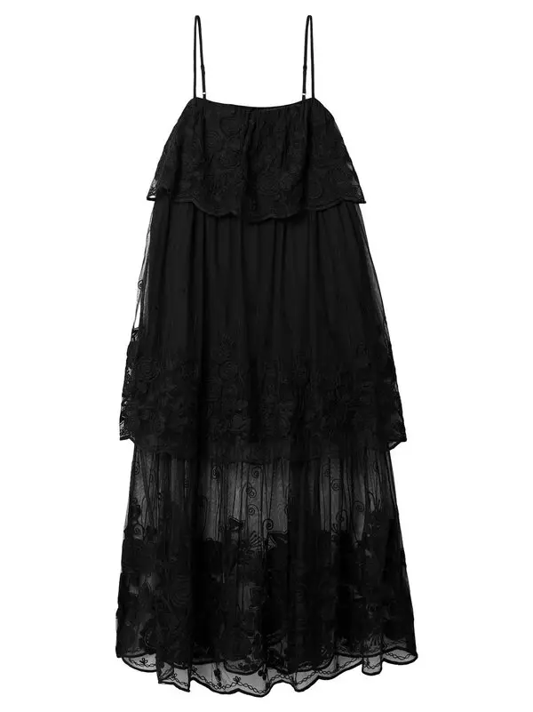 Sea Arielle Tiered Embroidered Tulle Midi Dress - Black