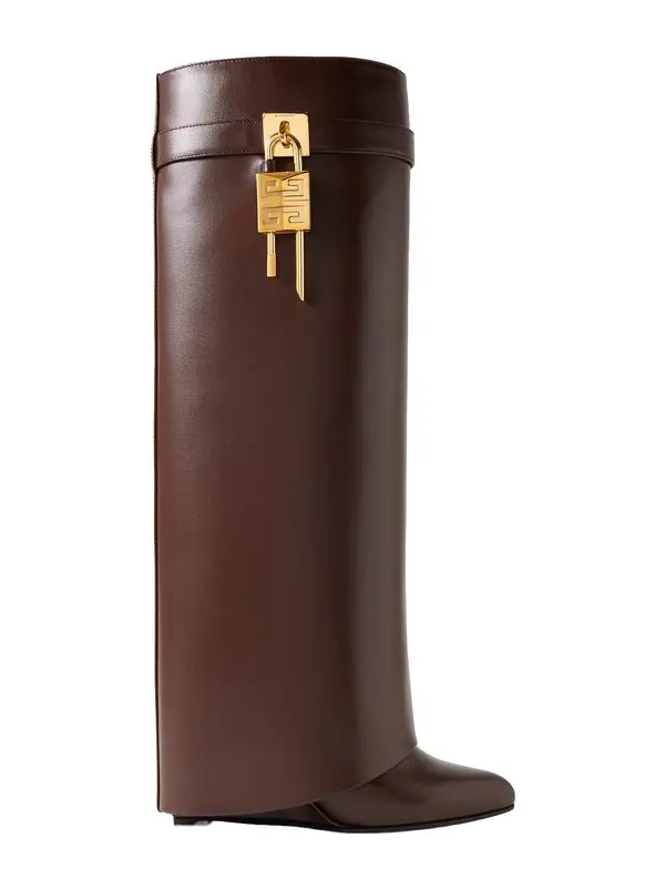 Givenchy Shark Lock Embellished Glossed-leather Knee Boots - Brown