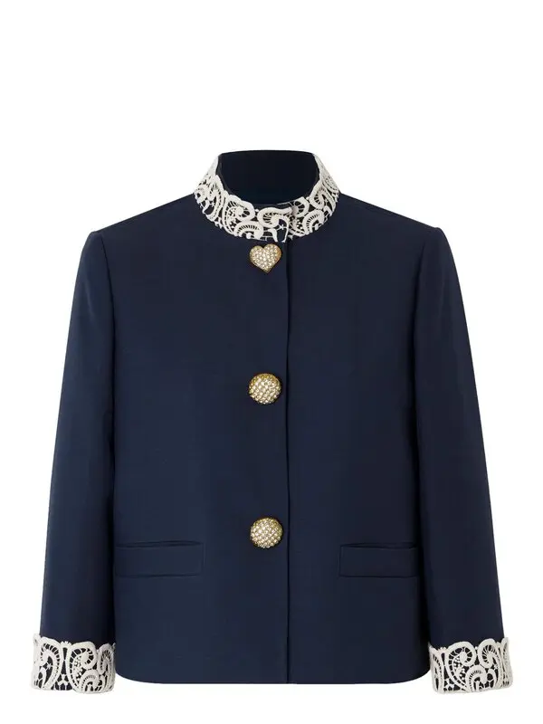 Valentino Garavani Guipure Lace-trimmed Wool And Silk-blend Twill Jacket - Blue