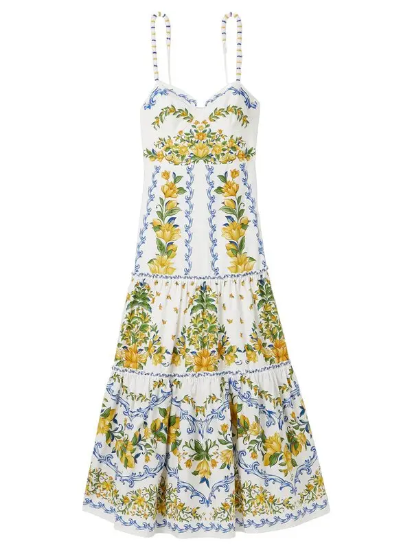 Farm Rio Sicily Tiered Bead-embellished Printed Cotton-poplin Midi Dress - Yellow