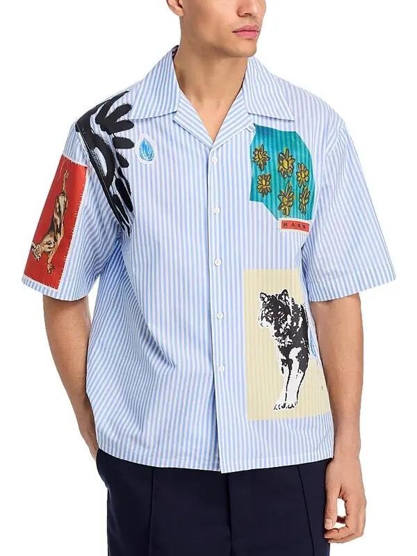 Marni Mixed Media Boxy Fit Bowling Shirt - Iris Blue