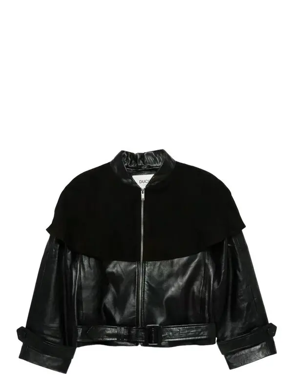 DUCIE Leather Jacket With Cape Detail - Black