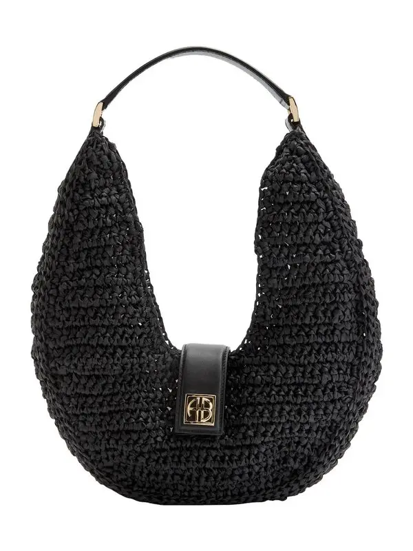 ANINE BING Lou Raffia Crescent Shoulder Bag - Black