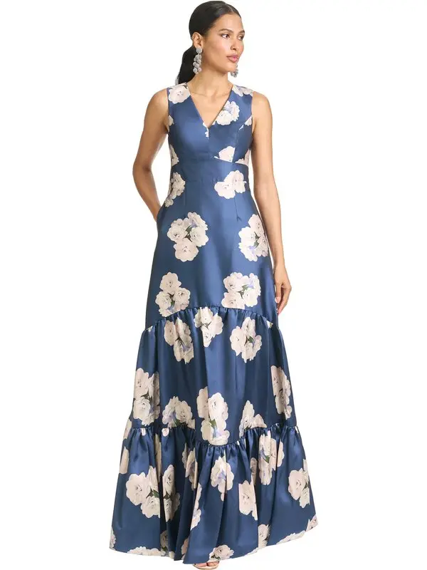 Sachin & Babi Rori Floral-print Mikado Gown - Steel Blue Corsage