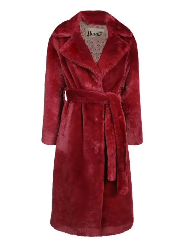 Herno Faux Fur Belted Coat - Red