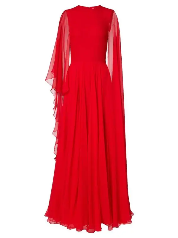 Givenchy Caped Draped Silk Chiffon Gown - Red