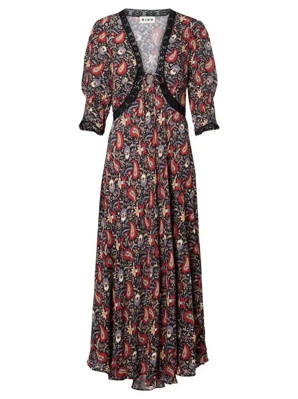 Rixo Amina Floral Crepe De Chine Midi Dress - Black