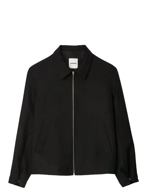 Sandro Wool Blend Zip-up Jacket With Shirt Collar - Black