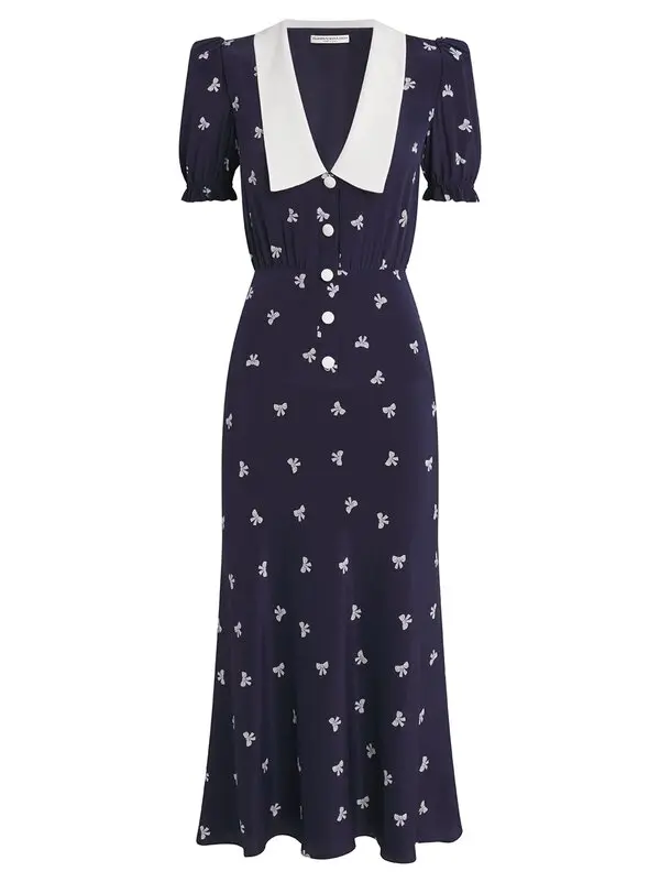 Alessandra Rich Silk Bow Midi Dress - Navy