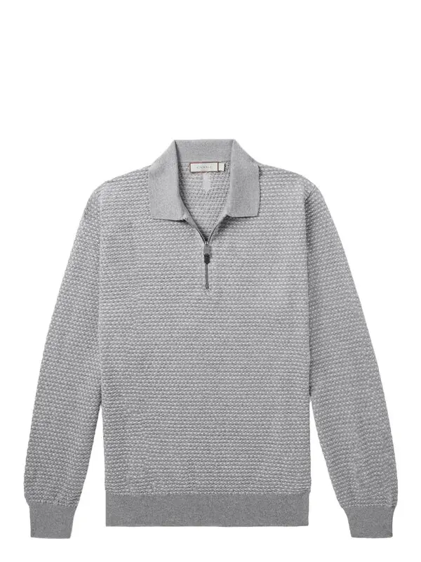 Canali Basketweave Jacquard-knitted Wool Half-zip Polo Shirt - Gray