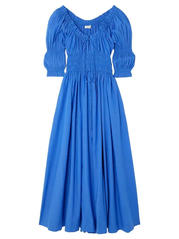 DÔEN Ischia Shirred Organic Cotton-blend Voile Midi Dress - Blue