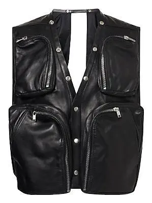 Rick Owens Leather Gilet With Pockets And Open Back - Black