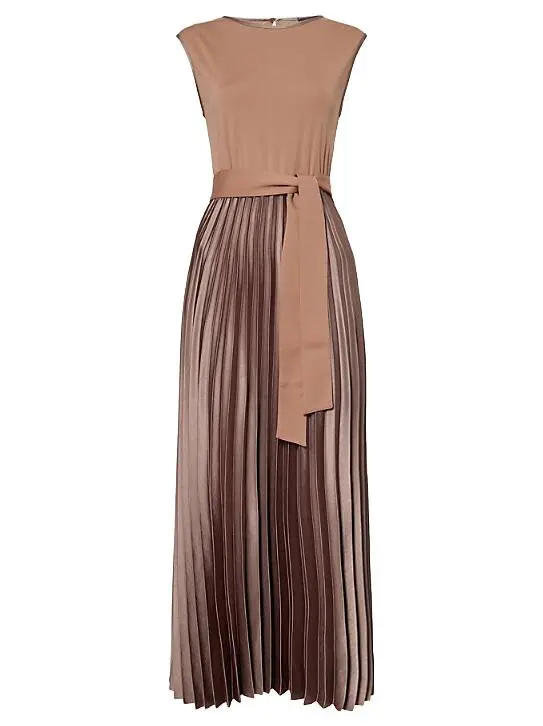 Max Mara Sleeveless Pleated Jersey And Satin Midi Dress - Brown