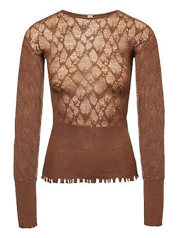 OUDE WAAG Lace Fine-knit Wool Top - Reddish Brown