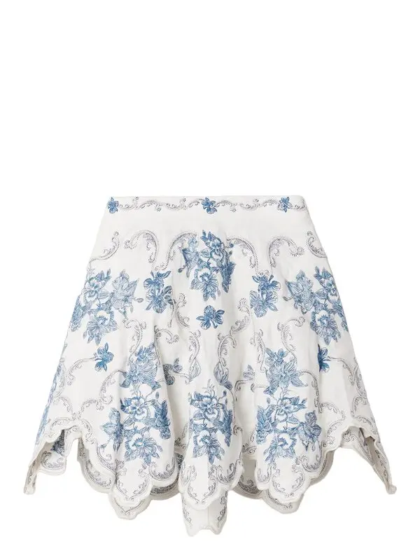 AGUA BY AGUA BY BENDITA Retrato Gloriosa Scalloped Embroidered Linen Mini Skirt - Off-white