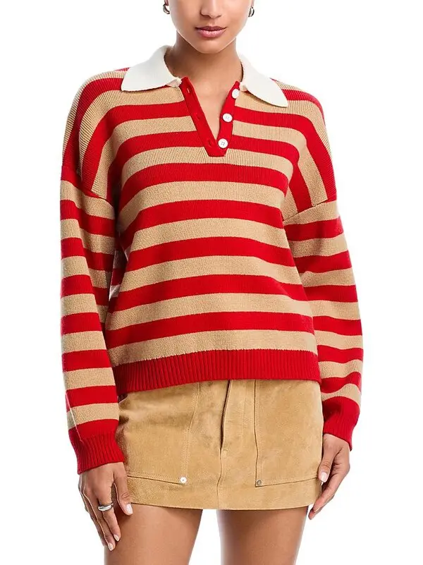 WAYF Striped Johnny Collar Sweater - Red Stripe