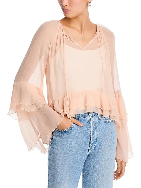 Astr The Label Margaery Ruffle Tiered Long Sleeve Top - Peach