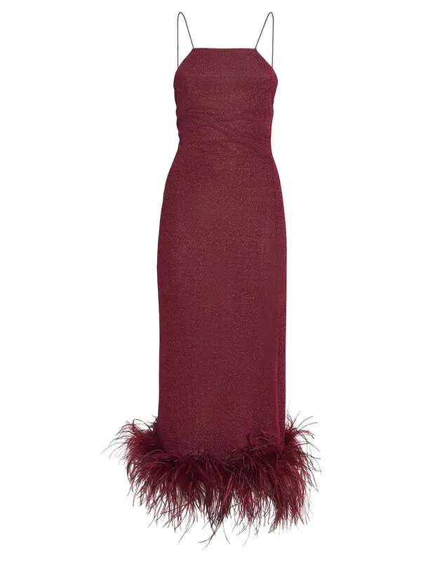 Oseree Lumière Feather Midi Dress - Burgundy