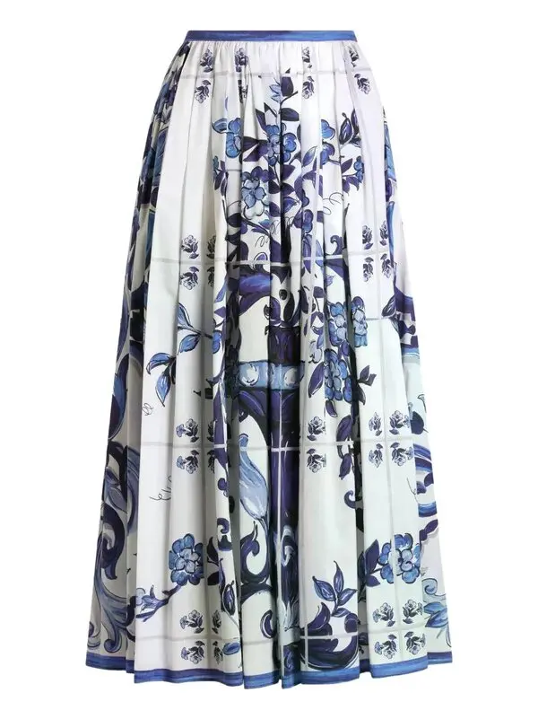 Dolce & Gabbana Majolica-print Long Cotton Satin Skirt - Blue