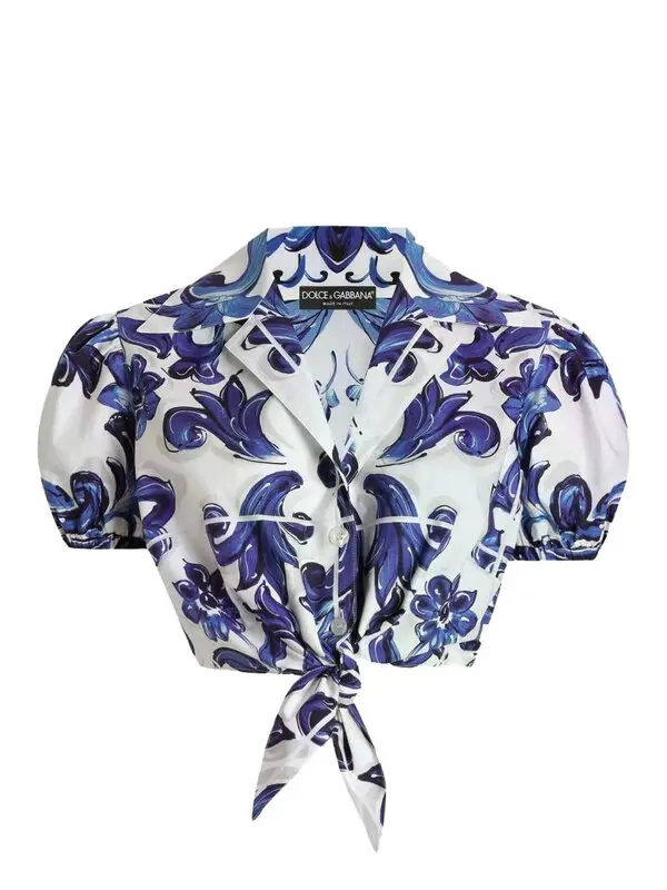 Dolce & Gabbana Majolica-print Puff-sleeve Top - Blue