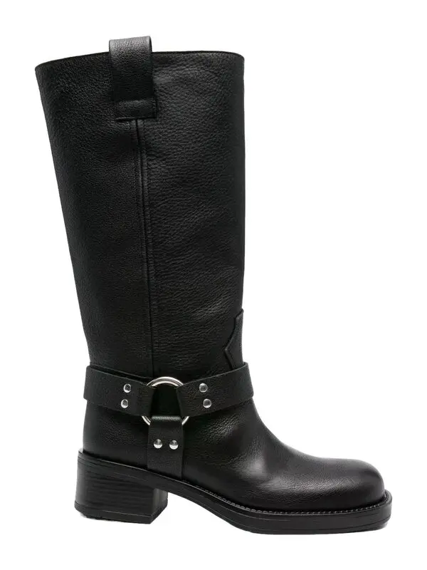 GISEL MOIRE 45mm Ring Buckle Leather Boots - Black